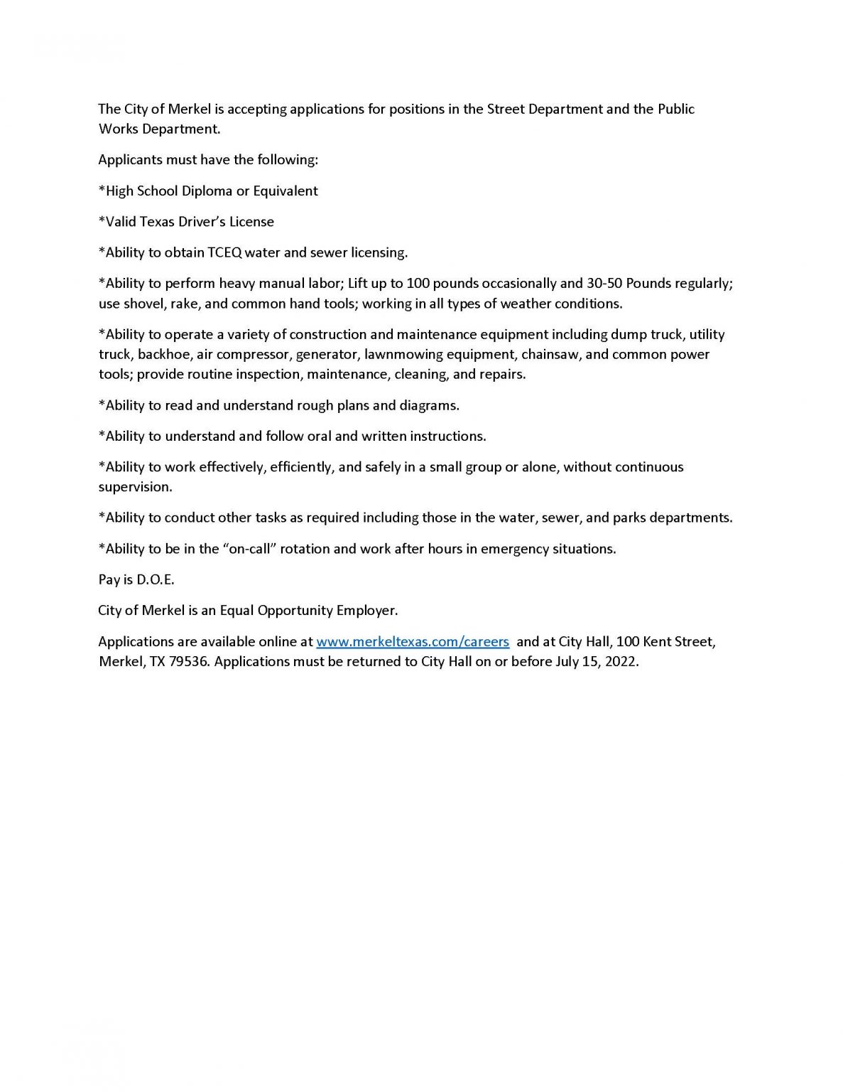 Careers – Merkel Texas